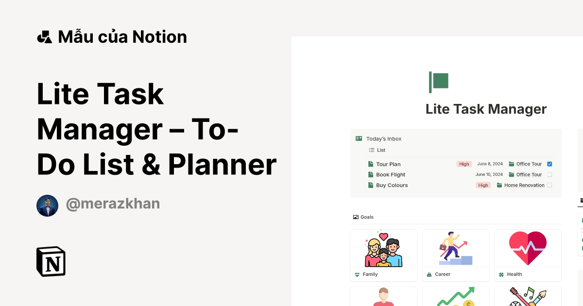 Mẫu Lite Task Manager – To-Do List & Planner | Thị trường Notion