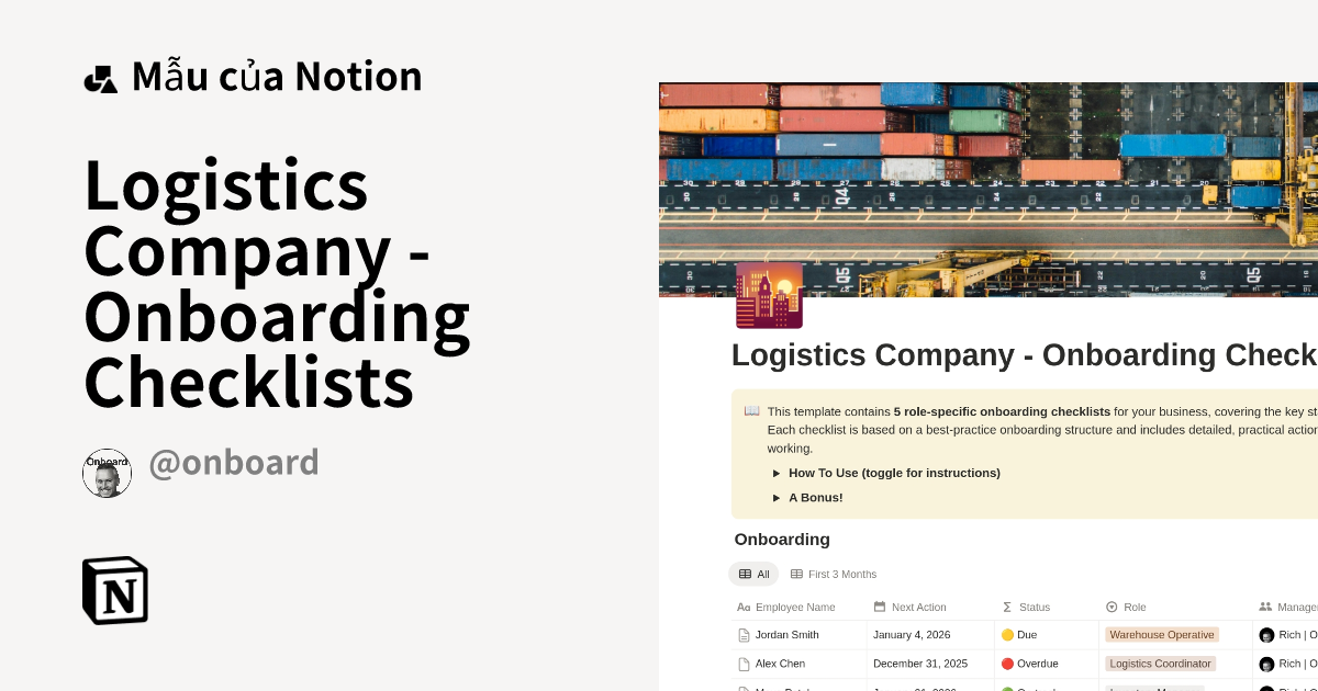 Mẫu Logistics Company - Onboarding Checklists | Thị trường Notion
