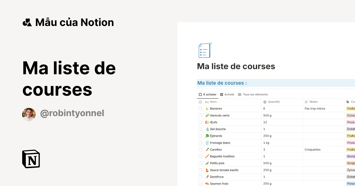 Mẫu Ma liste de courses | Thị trường Notion