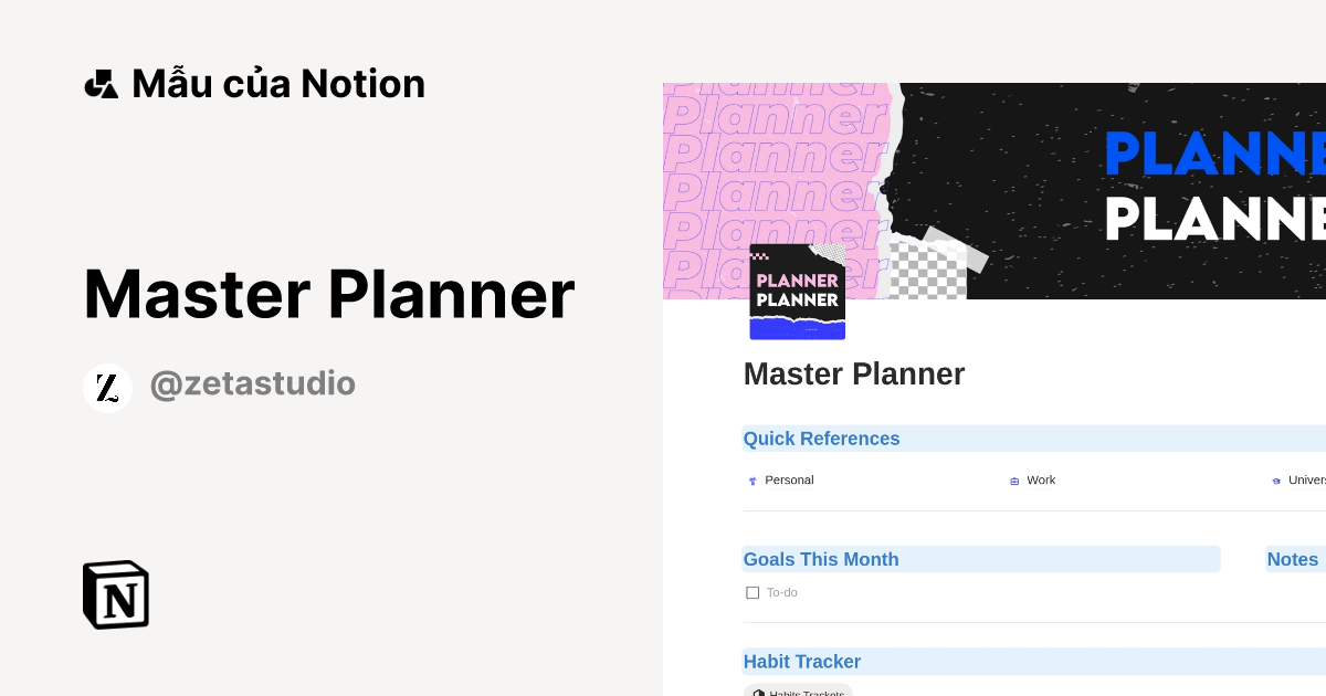 Master Planner Mẫu do Zeta Studio tạo | Thị trường Notion