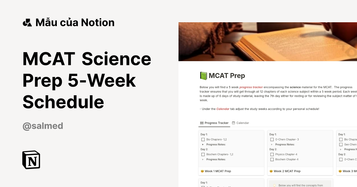 MCAT Science Prep 5-Week Schedule Mẫu do Sal tạo | Thị trường Notion