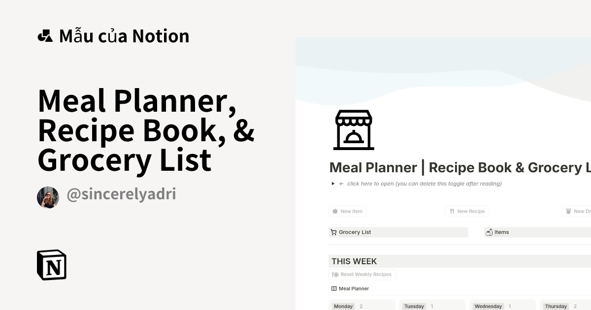 Mẫu Meal Planner, Recipe Book, & Grocery List | Thị trường Notion