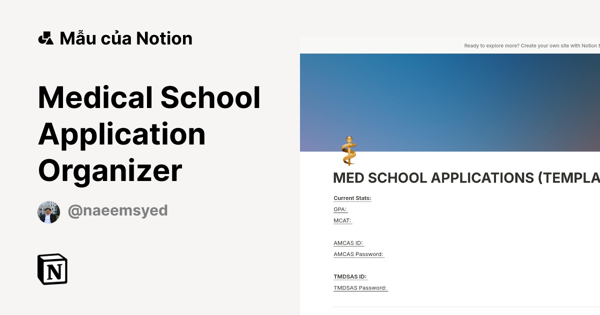 Mẫu Medical School Application Organizer | Thị trường Notion