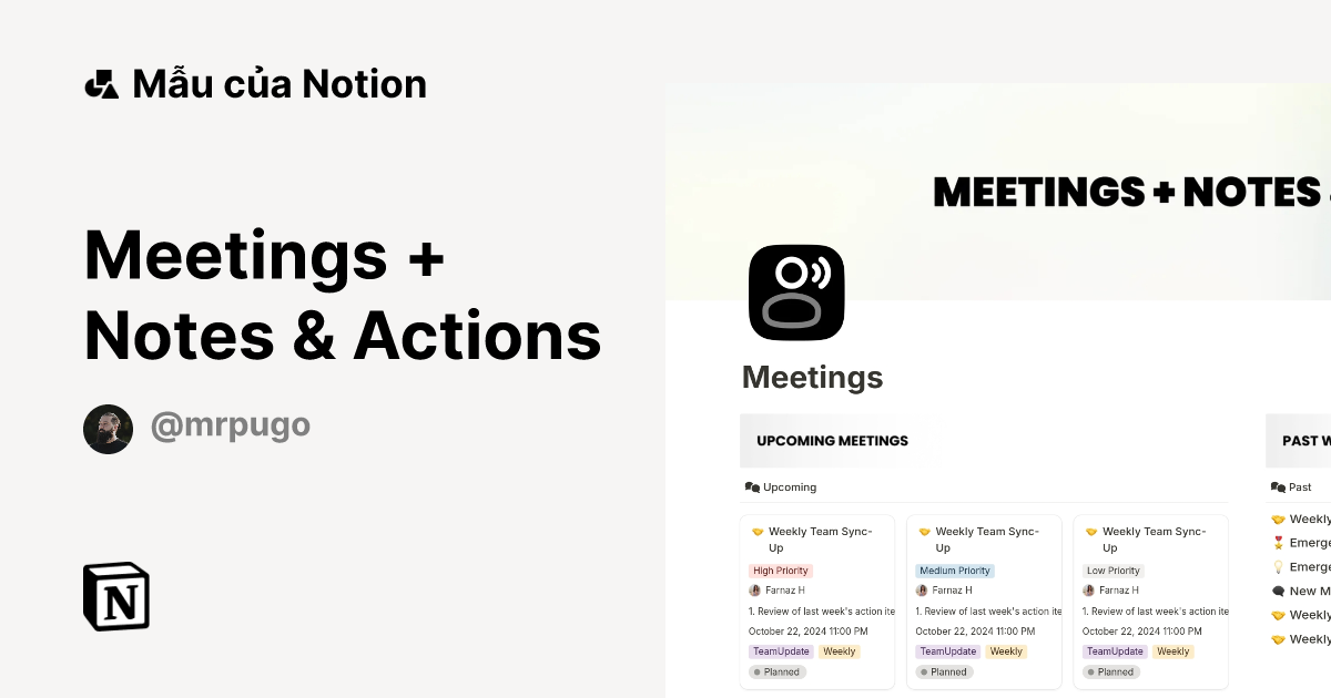 Mẫu Meetings + Notes & Actions | Thị trường Notion