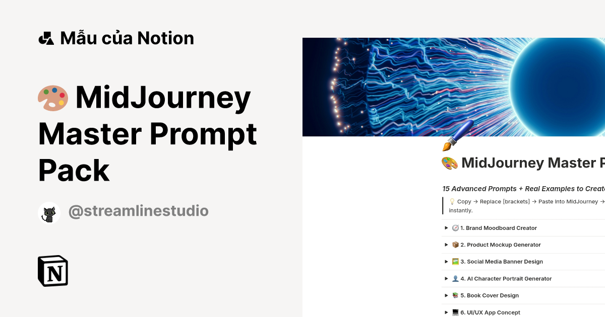 🎨 MidJourney Master Prompt Pack Mẫu do Streamline Studio tạo | Thị trường Notion