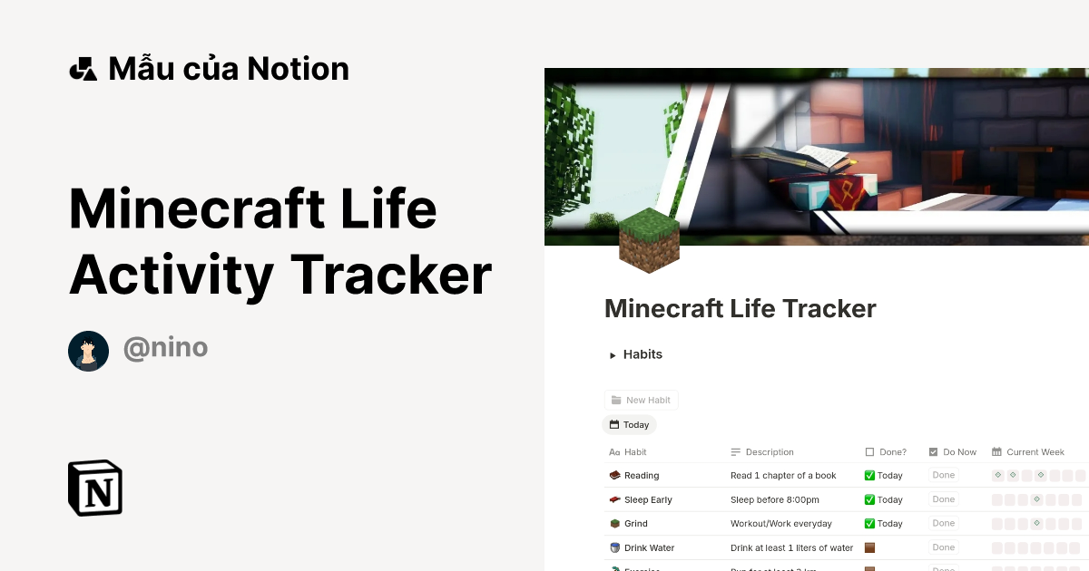Mẫu Minecraft Life Activity Tracker | Thị trường Notion
