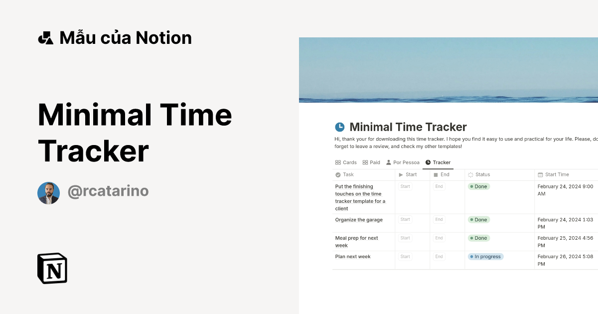 Minimal Time Tracker Mẫu do Rúben Catarino tạo | Thị trường Notion