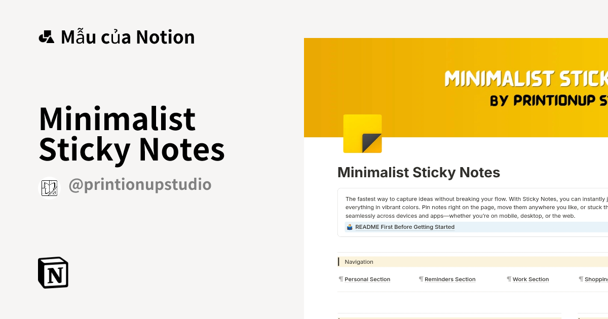 Minimalist Sticky Notes Mẫu do PrintionUp Studio tạo | Thị trường Notion