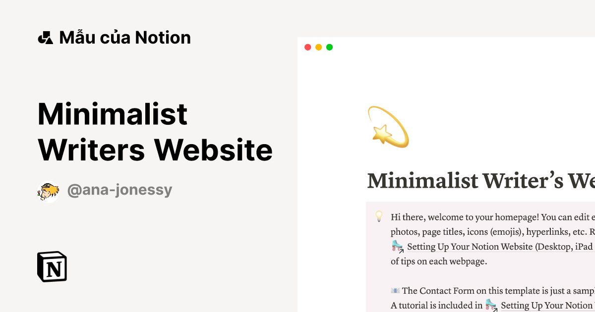 Mẫu Minimalist Writers Website | Thị trường Notion