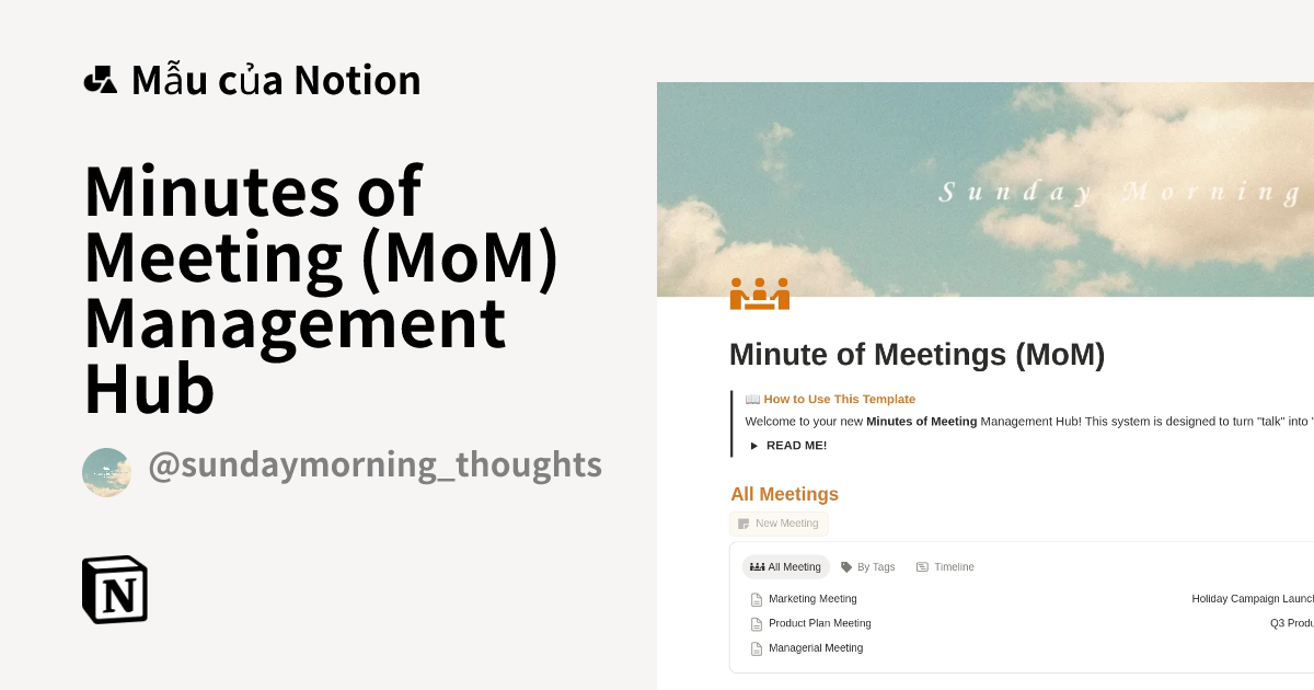 Mẫu Minutes of Meeting (MoM) Management Hub | Thị trường Notion