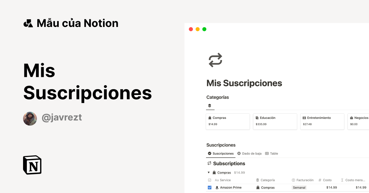Mẫu Mis Suscripciones | Thị trường Notion