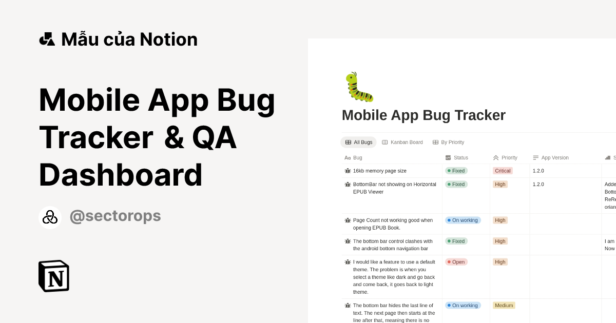 Mẫu Mobile App Bug Tracker & QA Dashboard | Thị trường Notion