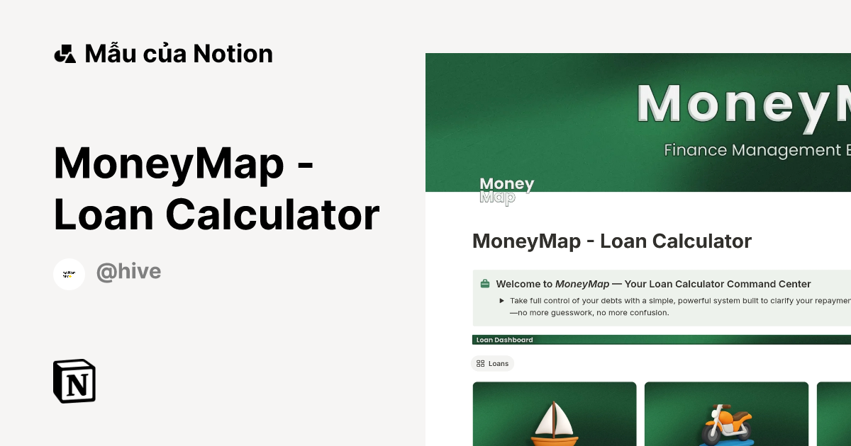 Mẫu MoneyMap - Loan Calculator | Thị trường Notion