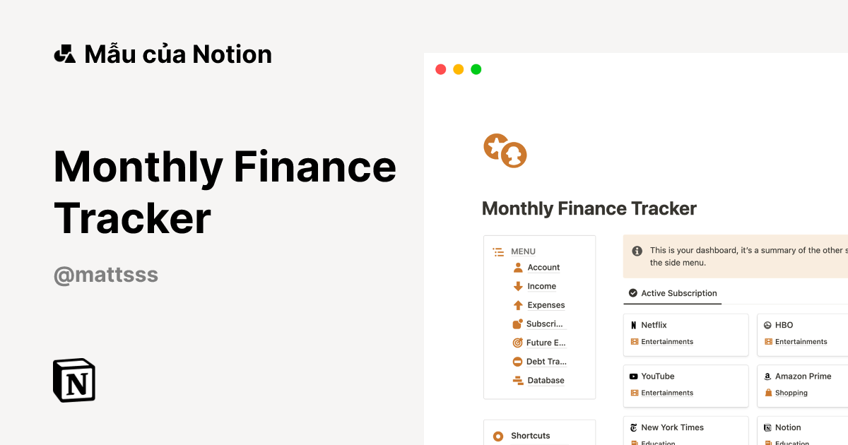 Mẫu Monthly Finance Tracker | Thị trường Notion