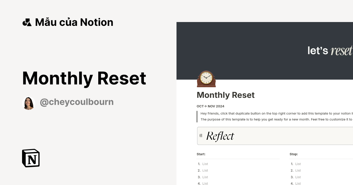 Monthly Reset Mẫu do Chey Coulbourn tạo | Thị trường Notion