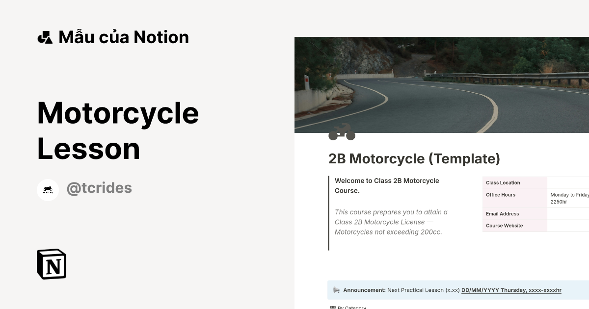 Mẫu Motorcycle Lesson | Thị trường Notion