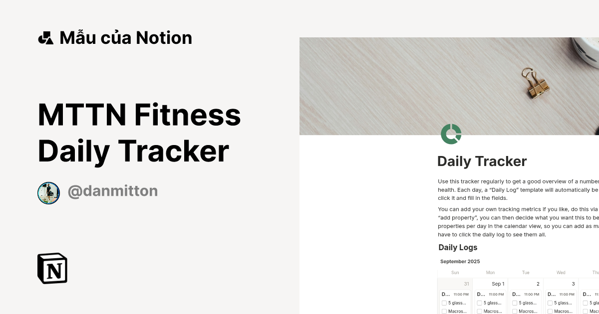 MTTN Fitness Daily Tracker Mẫu do Dan Mitton tạo | Thị trường Notion