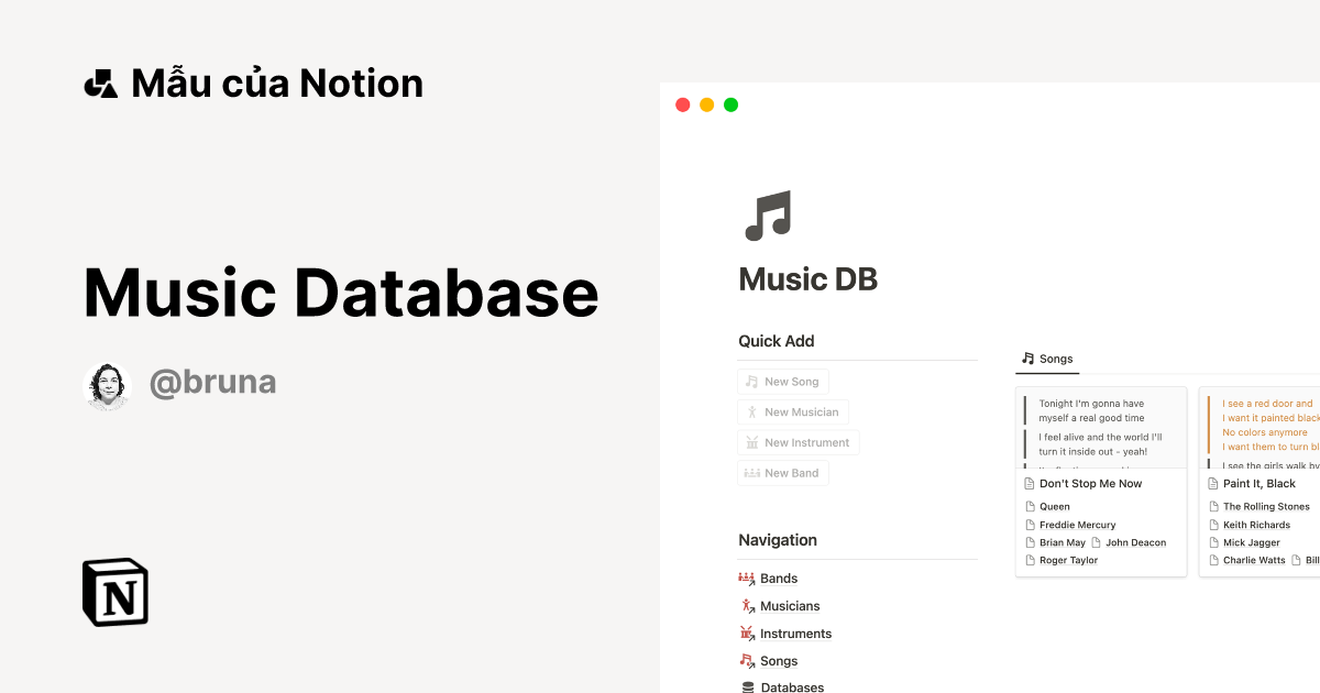Mẫu Music Database | Thị trường Notion