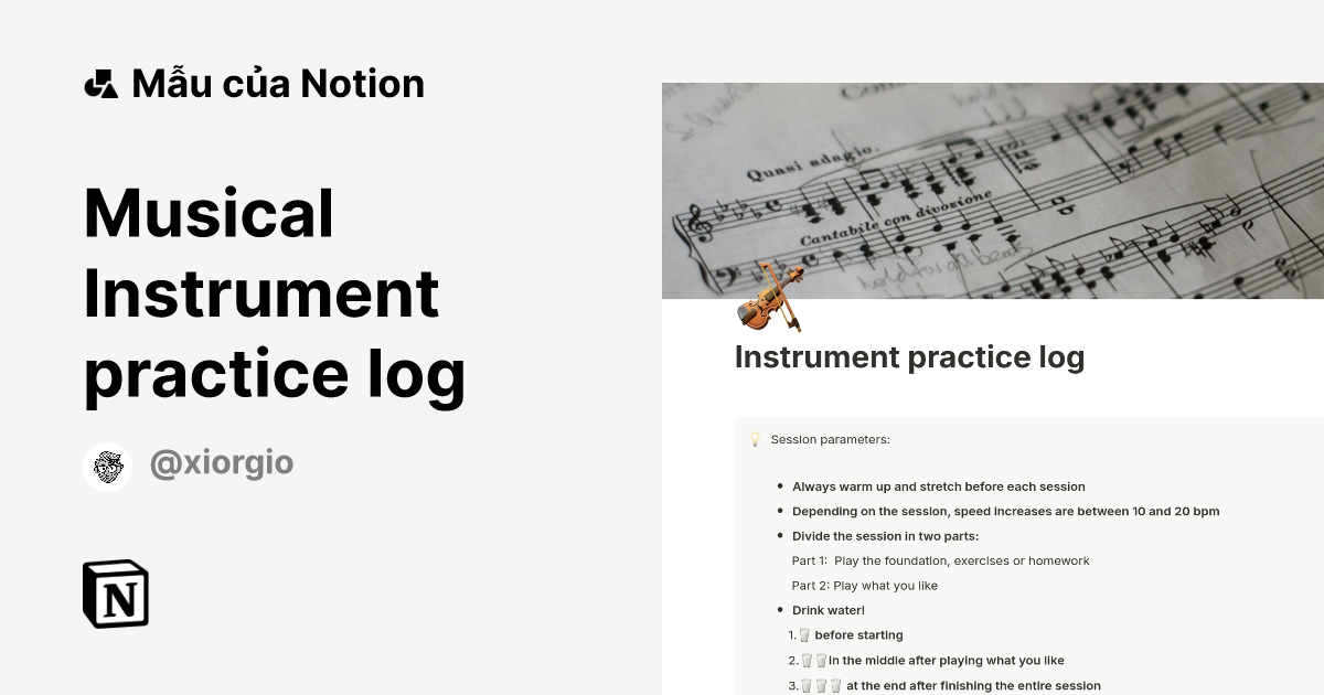 Mẫu Musical Instrument practice log | Thị trường Notion