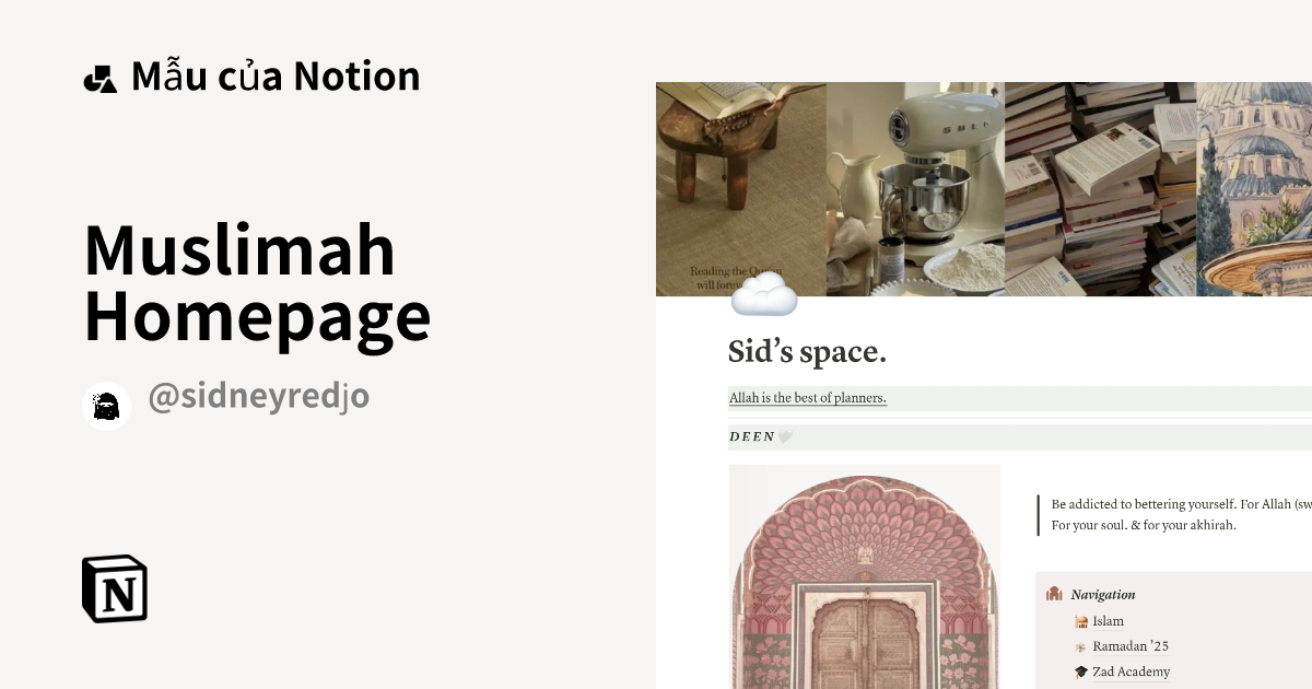 Muslimah Homepage Mẫu do Sidney Redjo tạo | Thị trường Notion