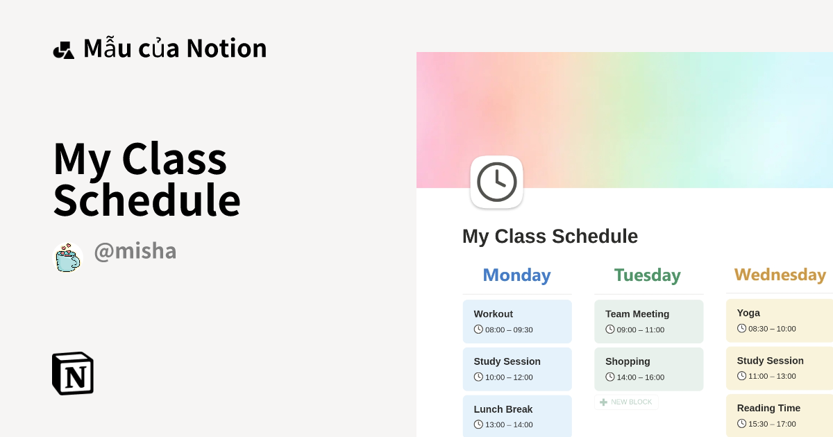 My Class Schedule Mẫu do Misha tạo | Thị trường Notion