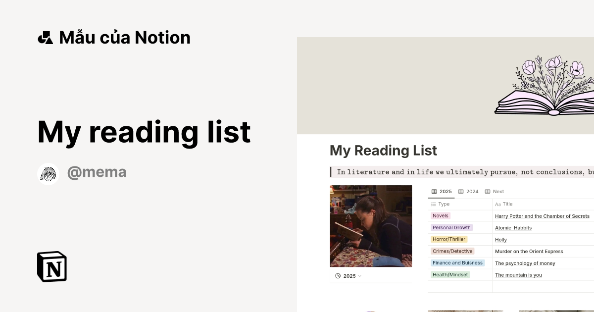 My reading list Mẫu do Mema tạo | Thị trường Notion