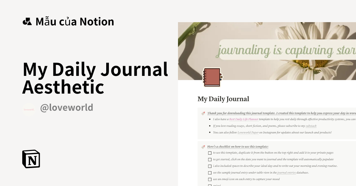 My Daily Journal Aesthetic Mẫu do Loveworld Paper tạo | Thị trường Notion