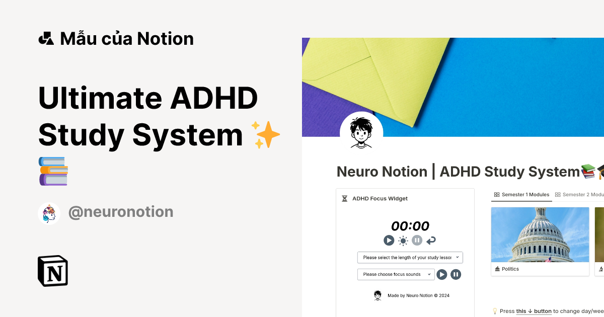 Ultimate ADHD Study System 📚 Mẫu do Neuro Notion tạo | Thị trường Notion