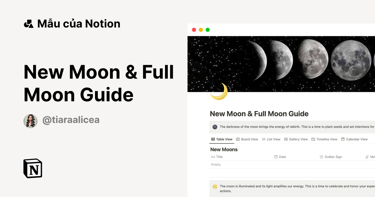 New Moon & Full Moon Guide Mẫu do Tiara Alicea tạo | Thị trường Notion