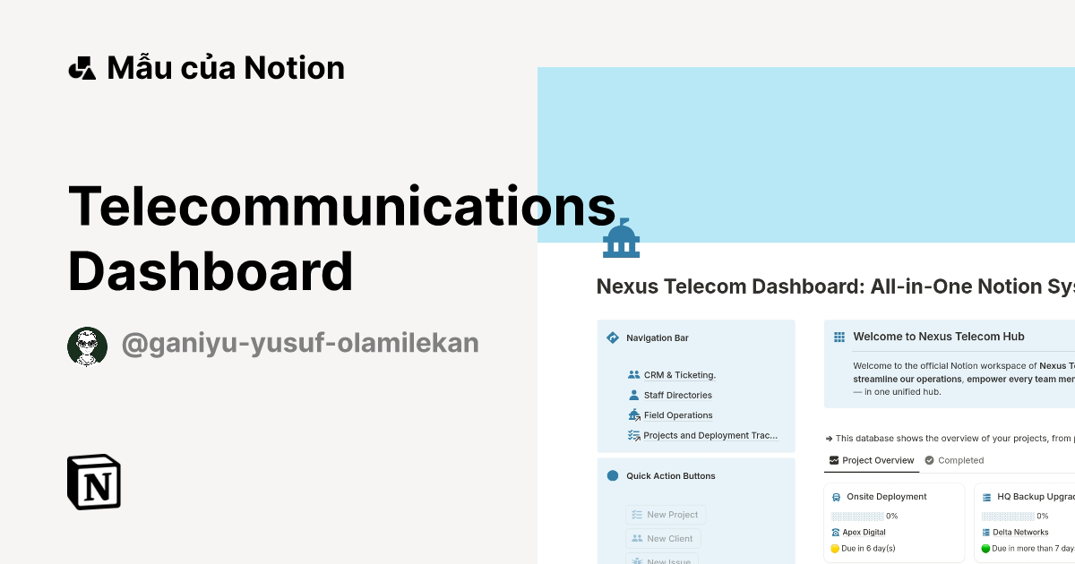 Telecommunications Dashboard Mẫu do Notionallity tạo | Thị trường Notion
