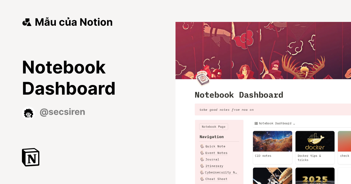 Notebook Dashboard Mẫu do siren tạo | Thị trường Notion