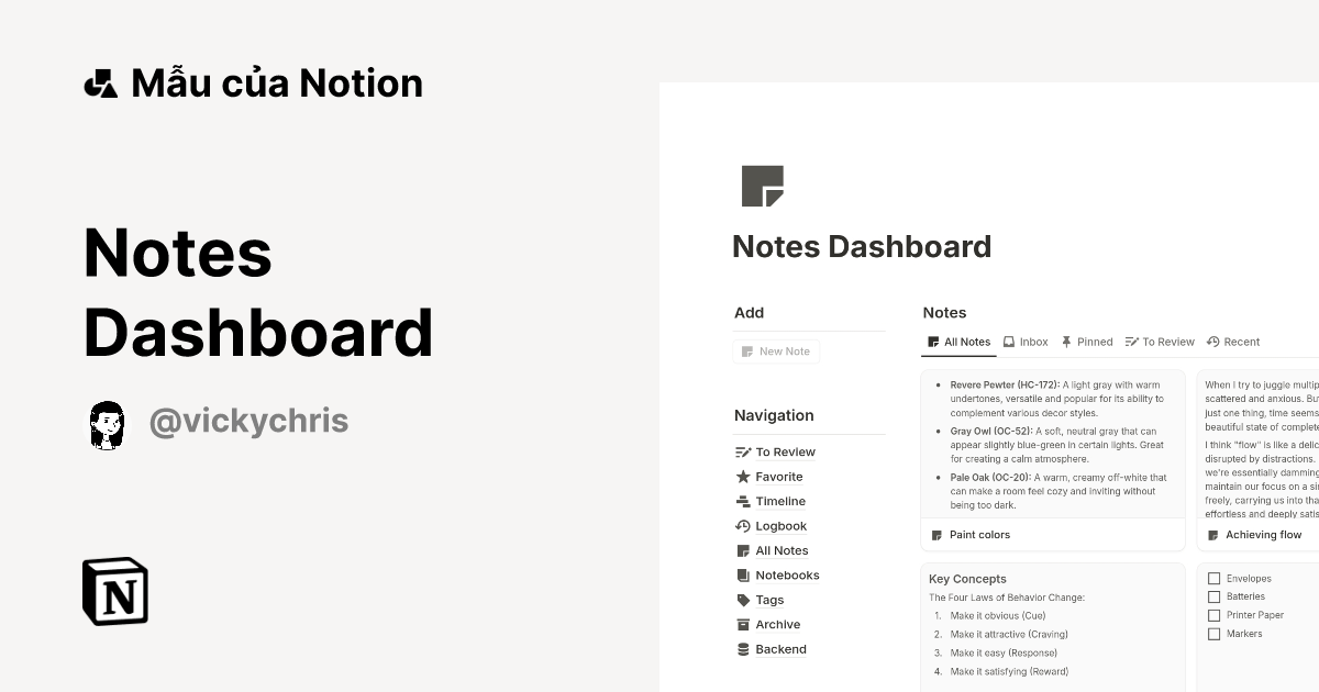 Mẫu Notes Dashboard | Thị trường Notion