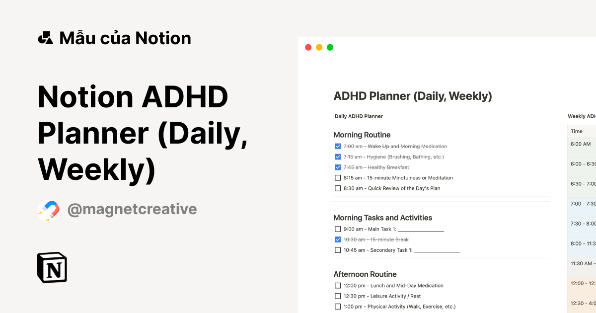 Notion ADHD Planner (Daily, Weekly) Mẫu do Magnet Creative tạo | Thị ...
