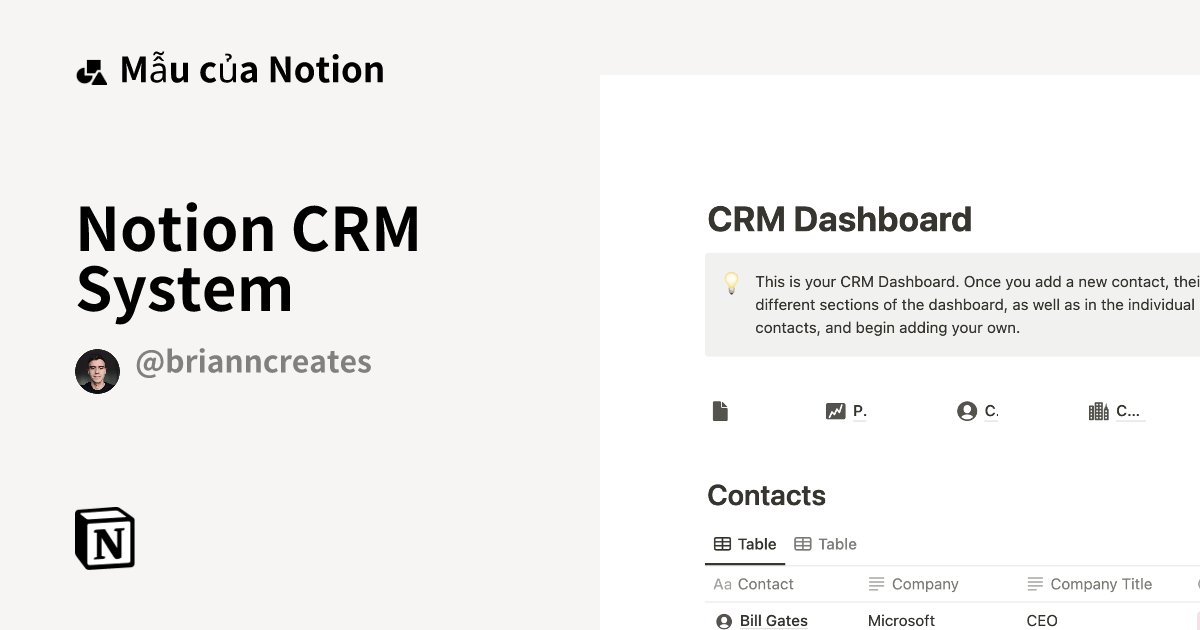 Notion CRM System Mẫu do Brian N tạo | Thị trường Notion