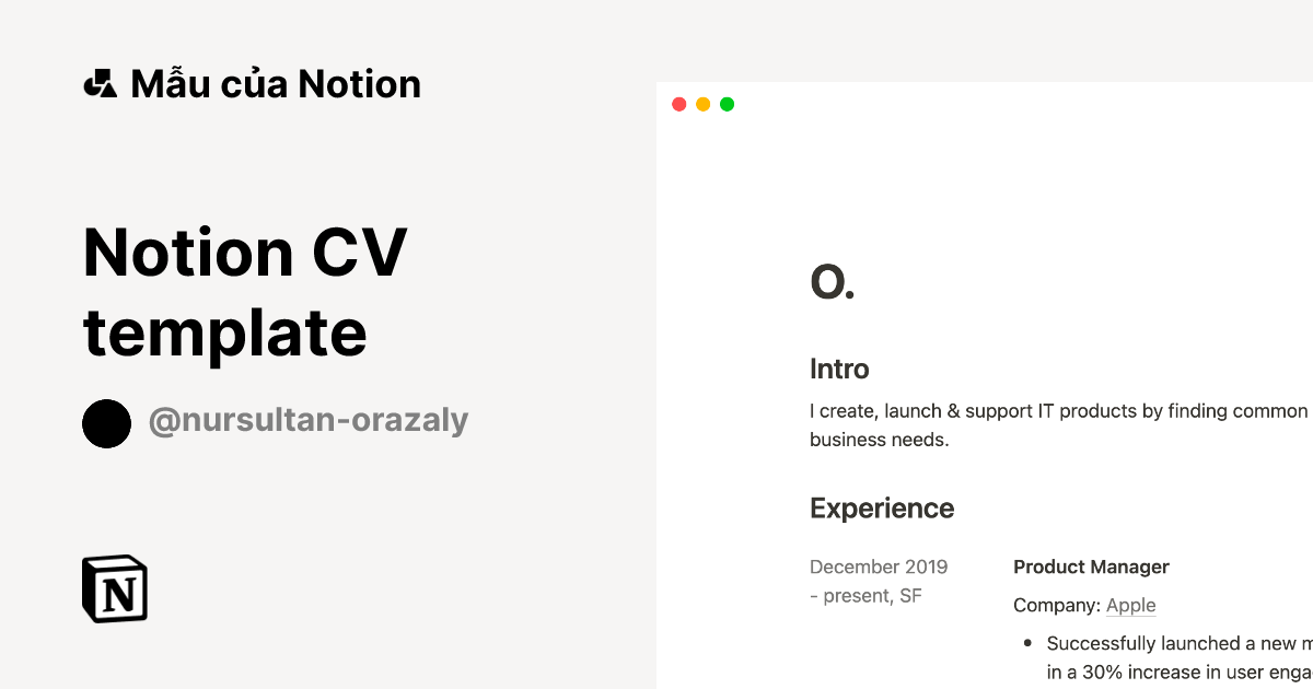Notion CV template Mẫu do Nursultan Orazaly tạo | Thị trường Notion