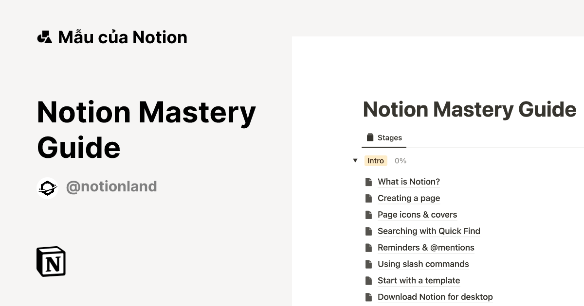 Notion Mastery Guide Mẫu do Notionland tạo | Thị trường Notion