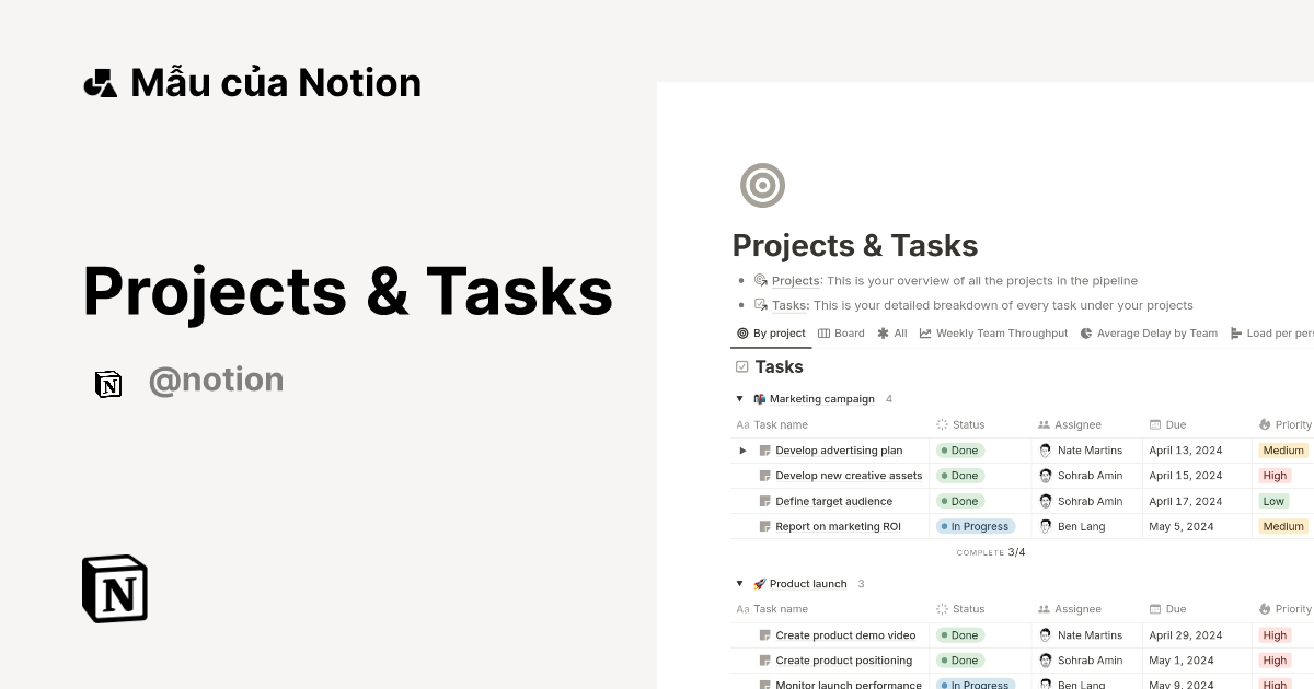 Projects & Tasks Mẫu do Notion tạo | Thị trường Notion