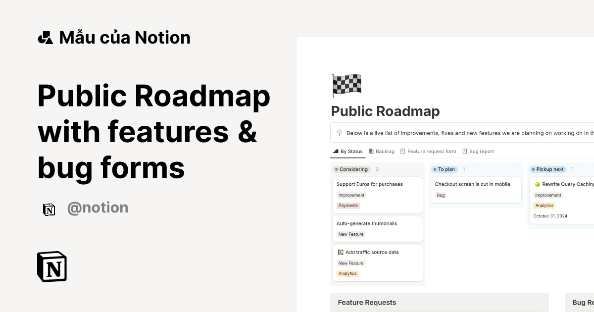 Public Roadmap with features & bug forms Mẫu do Notion tạo | Thị trường ...