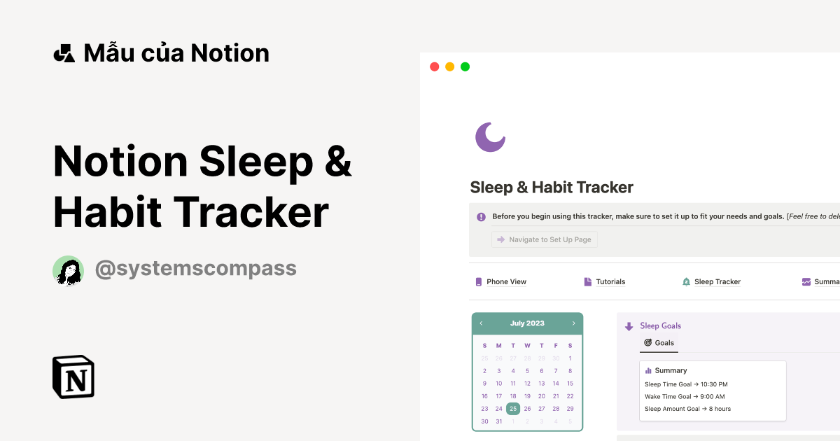 Notion Sleep & Habit Tracker Mẫu do Compass tạo | Thị trường Notion