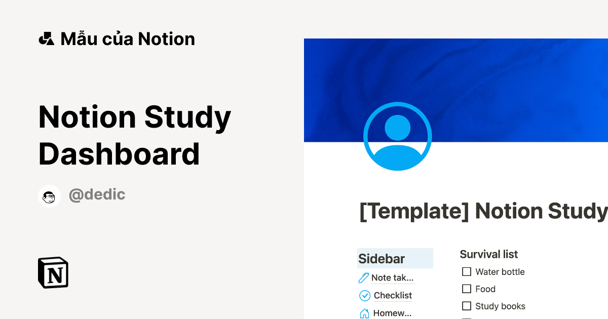 Notion Study Dashboard Mẫu do Dedic tạo | Thị trường Notion