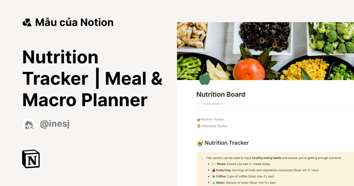 Mẫu Nutrition Tracker | Meal & Macro Planner | Thị trường Notion