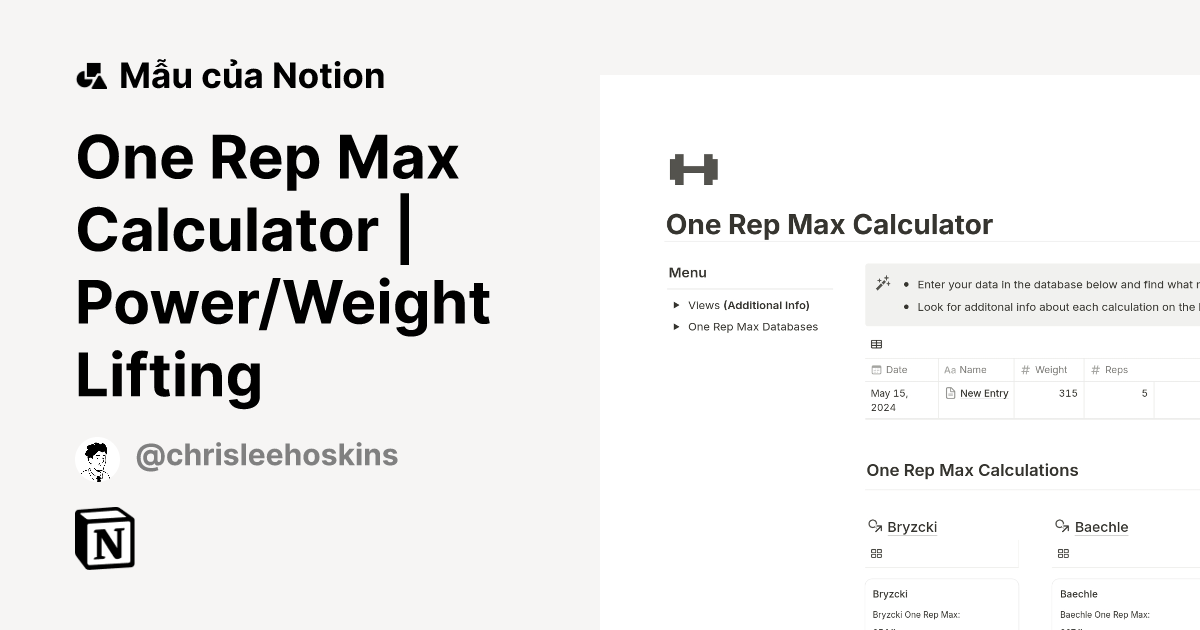 Mẫu One Rep Max Calculator | Power/Weight Lifting | Thị trường Notion