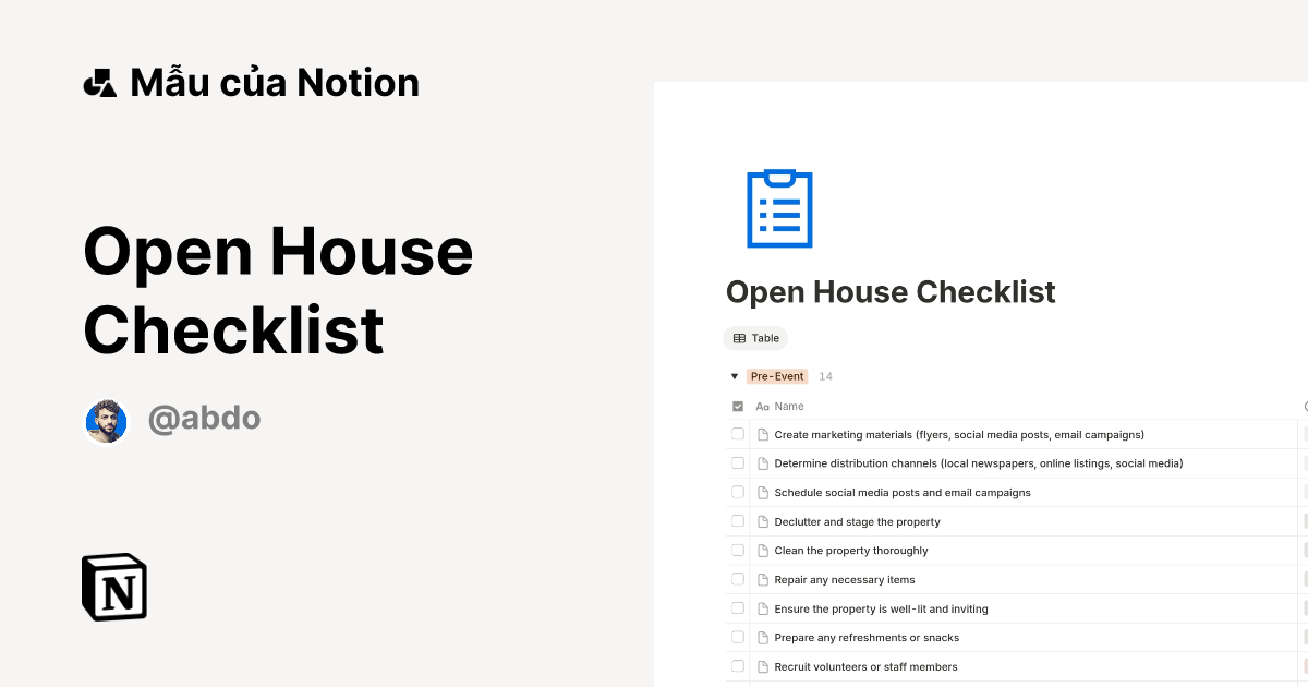 Mẫu Open House Checklist | Thị trường Notion