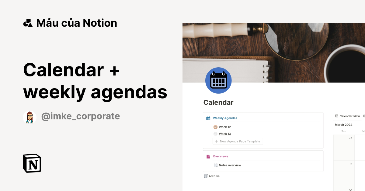 Calendar + weekly agendas Mẫu do Imke tạo | Thị trường Notion
