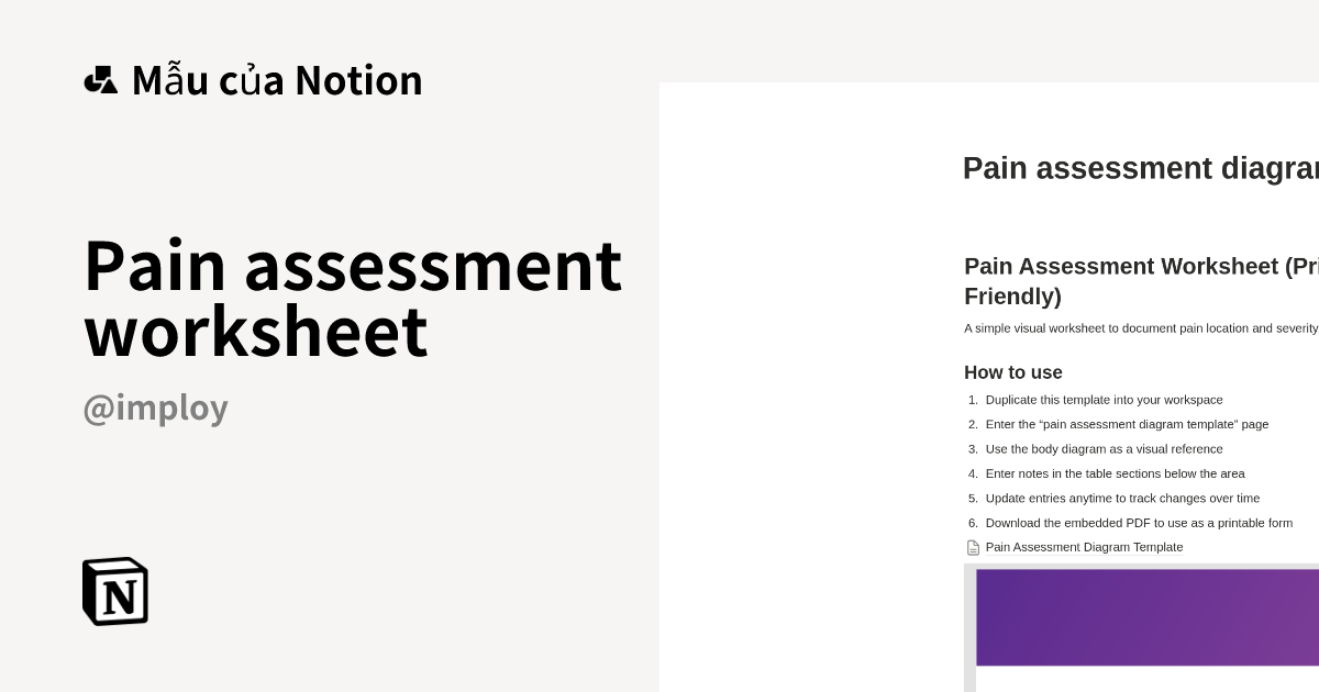 Pain assessment worksheet Mẫu do Shubham Kafle tạo | Thị trường Notion