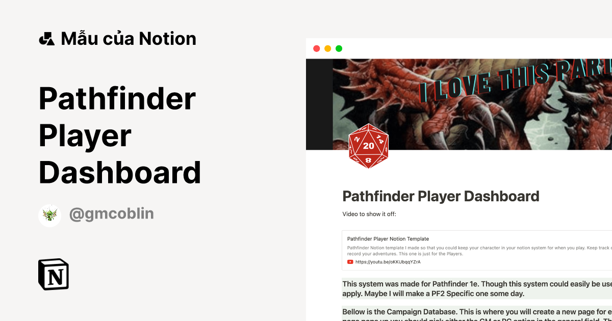 Pathfinder Player Dashboard Mẫu do GM Coblin tạo | Thị trường Notion