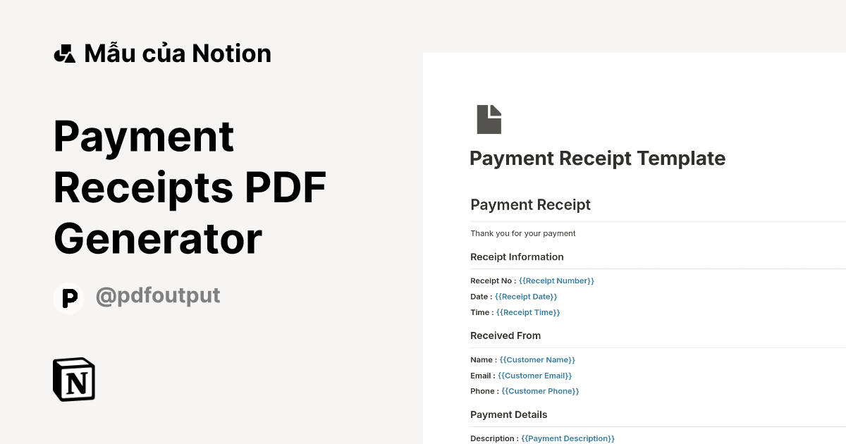 Payment Receipts PDF Generator Mẫu do PDFOutput tạo | Thị trường Notion