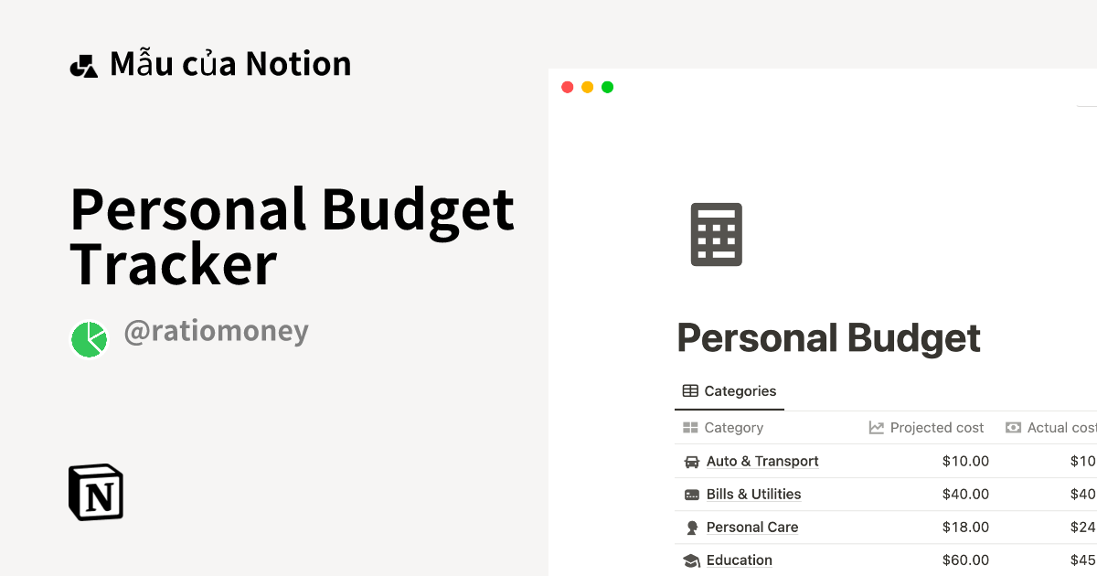 Personal Budget Tracker Mẫu do Ratio Money tạo | Thị trường Notion