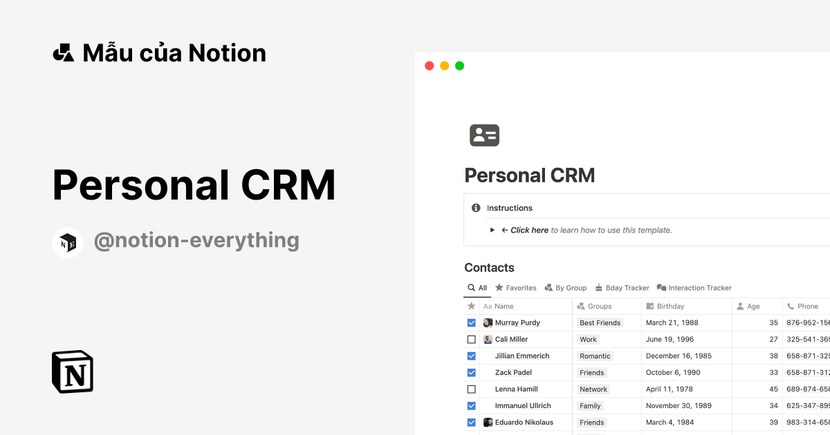 Personal CRM Mẫu do Notion Everything tạo | Thị trường Notion