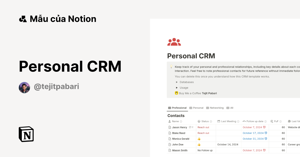 Mẫu Personal CRM | Thị trường Notion